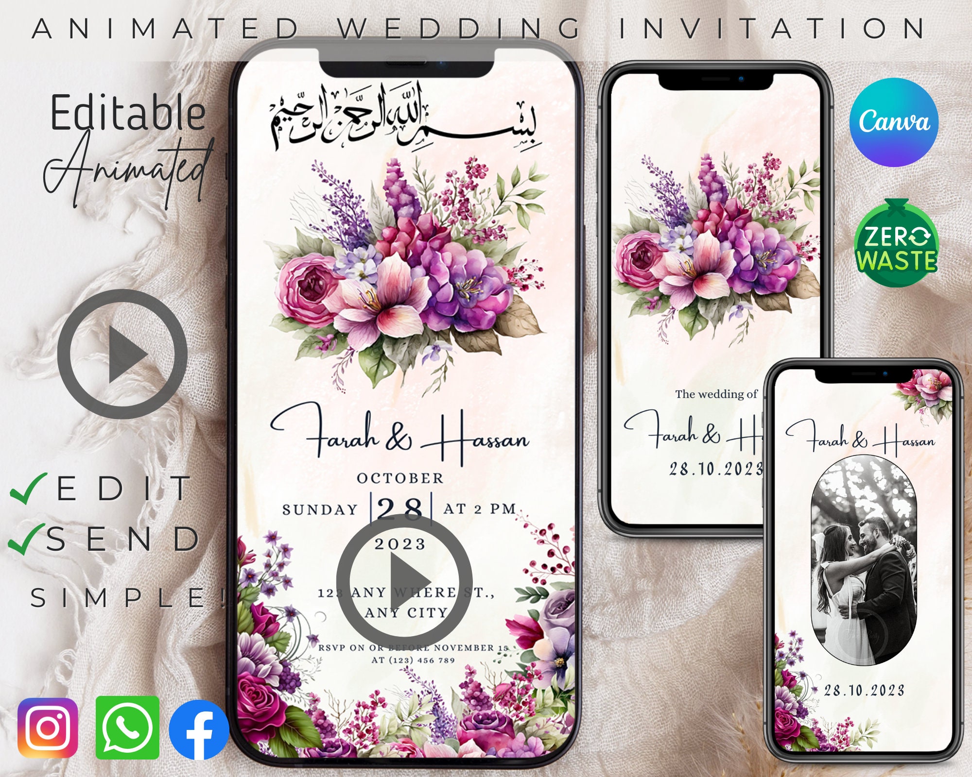 Nuwwaarah Animated Editable Digital Muslim Wedding Video Invitation ...