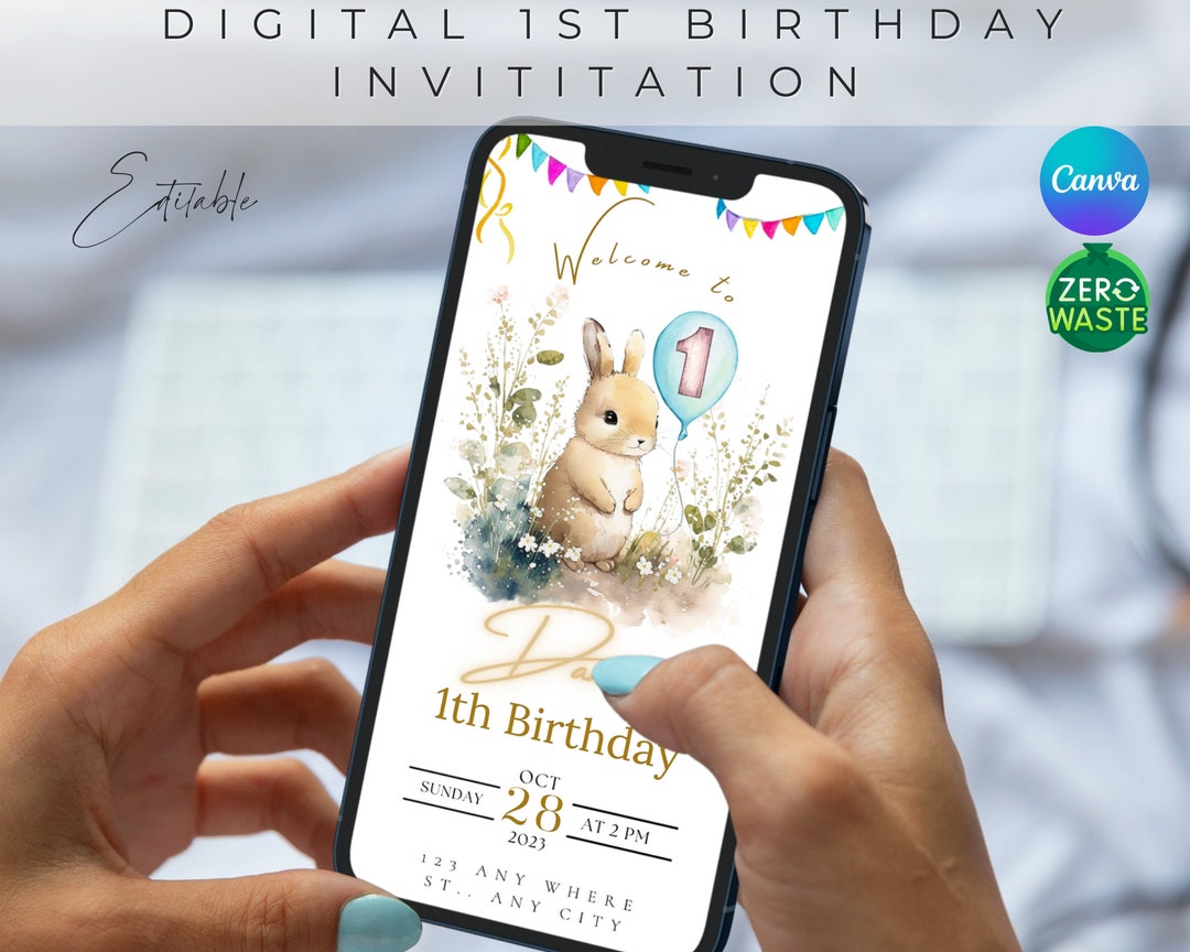 DANIEL Rabbit First Birthday DIGITAL Invitation, Editable Invite ...