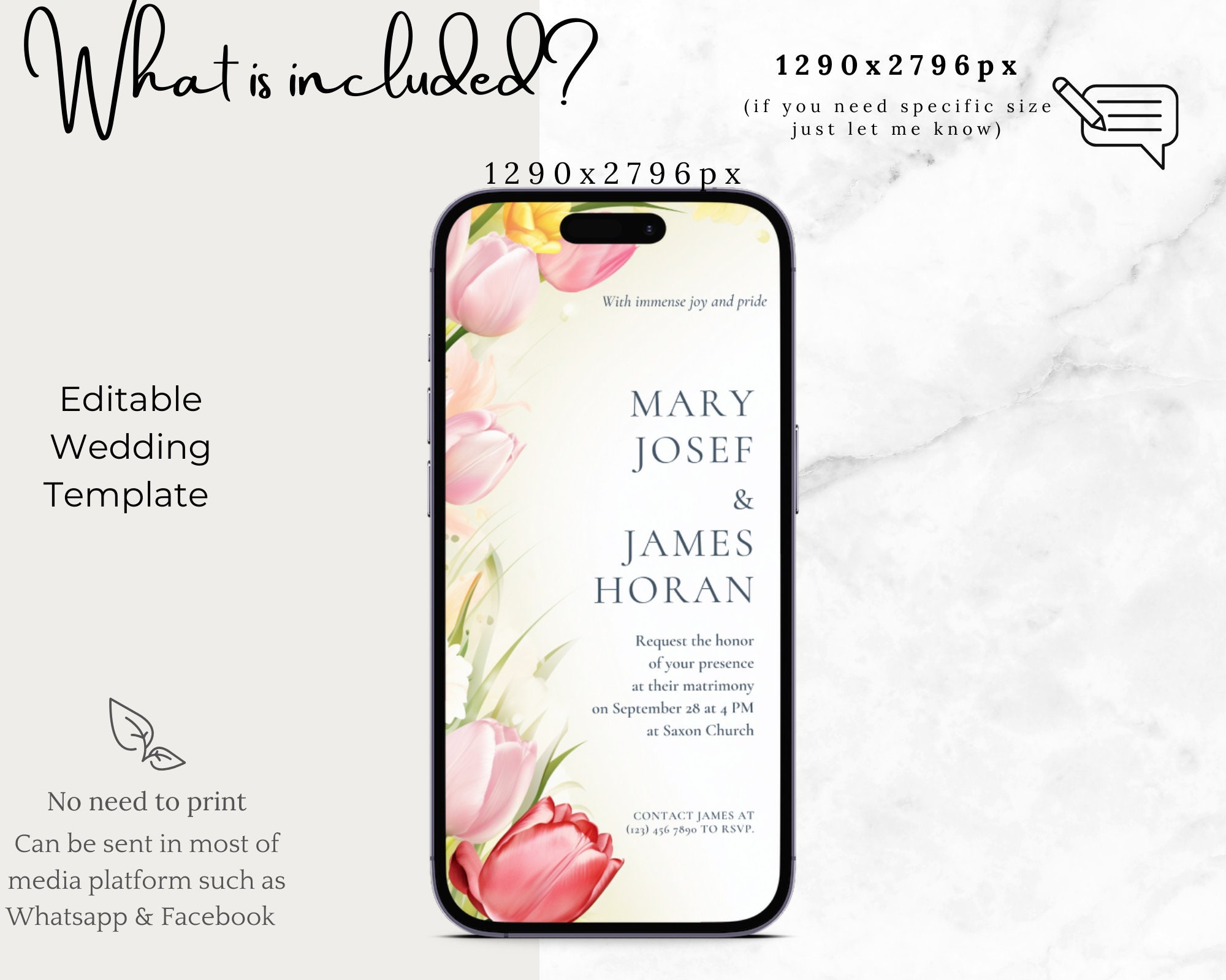 MARY Elegant Editable Flowers Wedding Invitation Instant Download ...