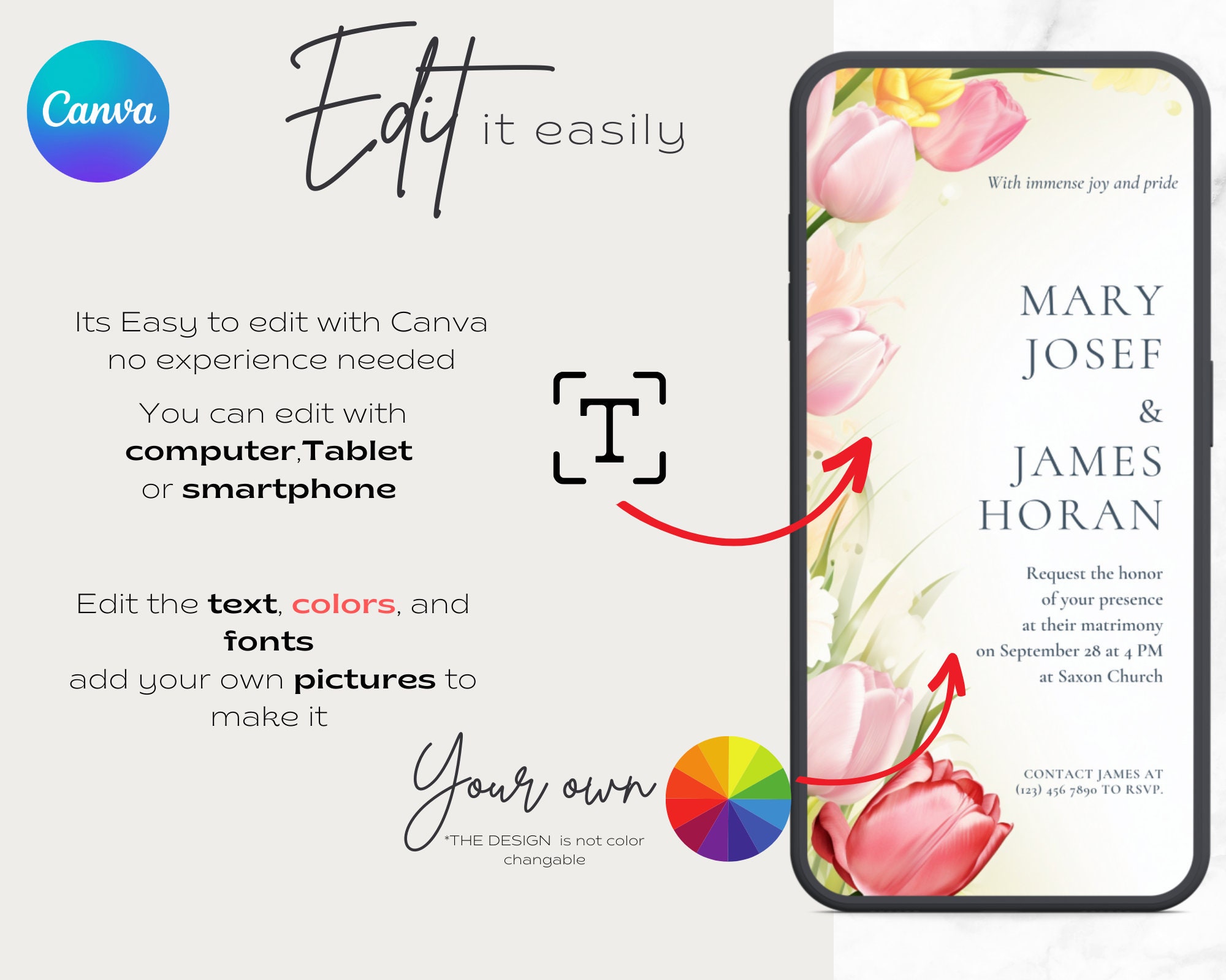 MARY Elegant Editable Flowers Wedding Invitation Instant Download ...