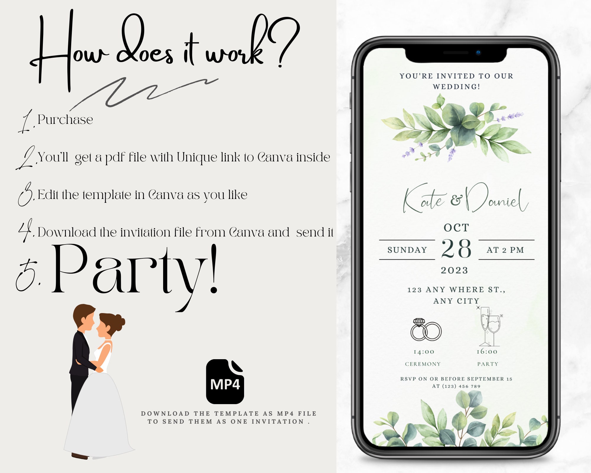 MINT Animated Editable Greenery Wedding Invitation Video Instant ...