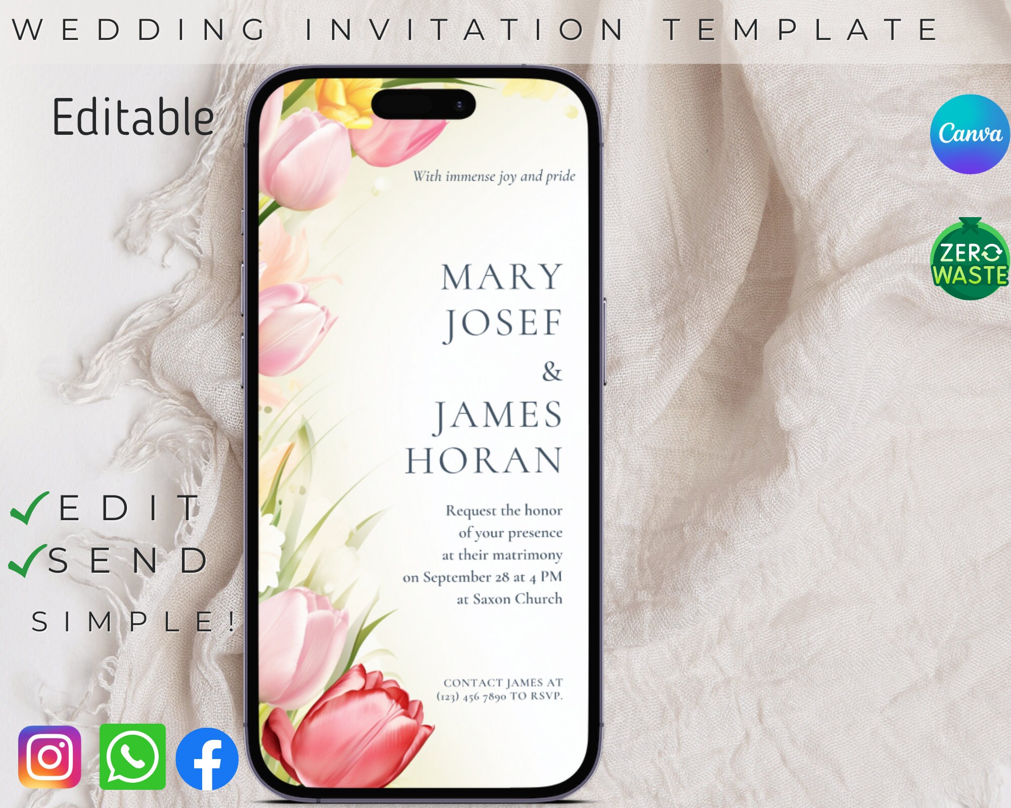 MARY Elegant Editable Flowers Wedding Invitation Instant Download ...