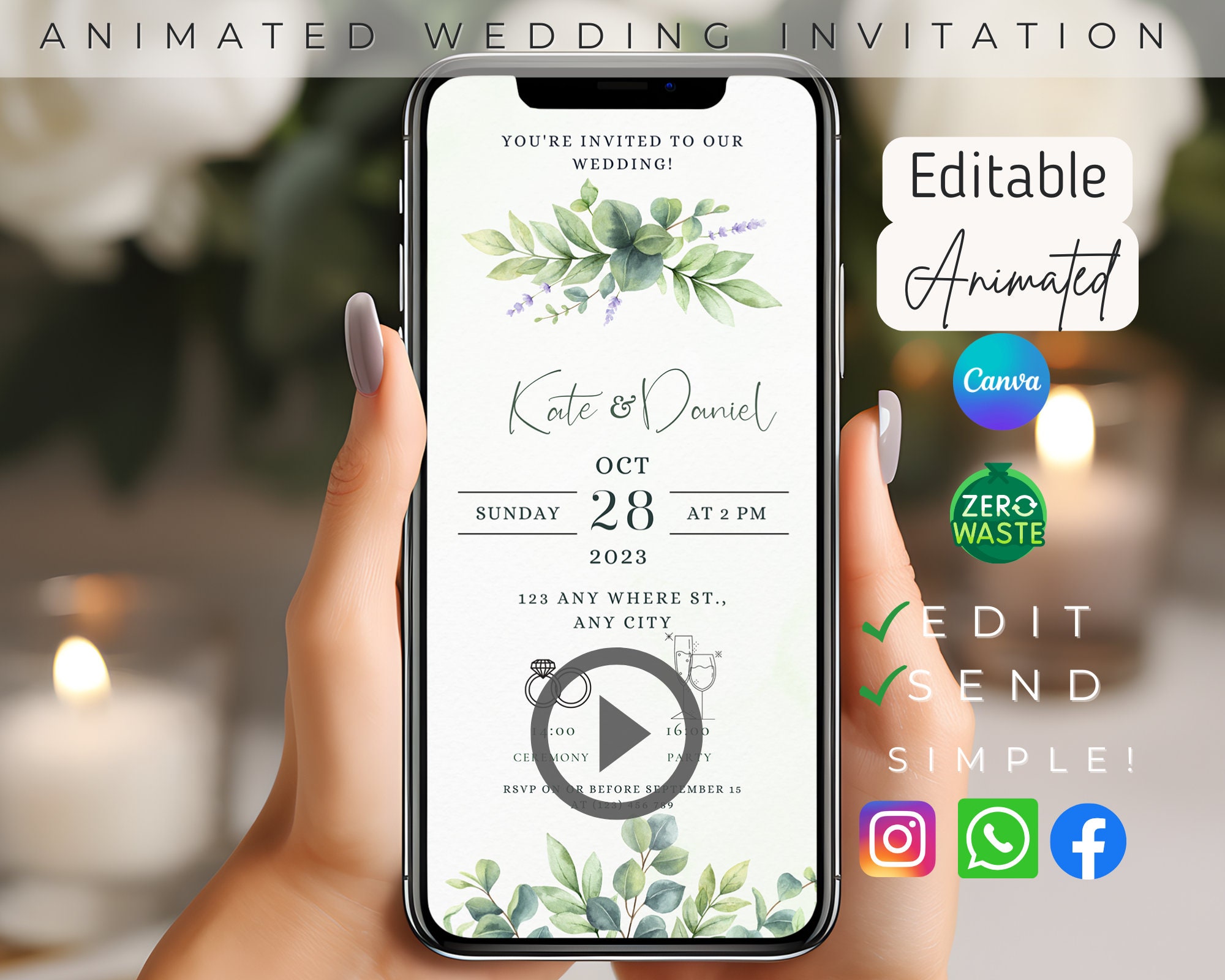 MINT Animated Editable Greenery Wedding Invitation Video Instant ...