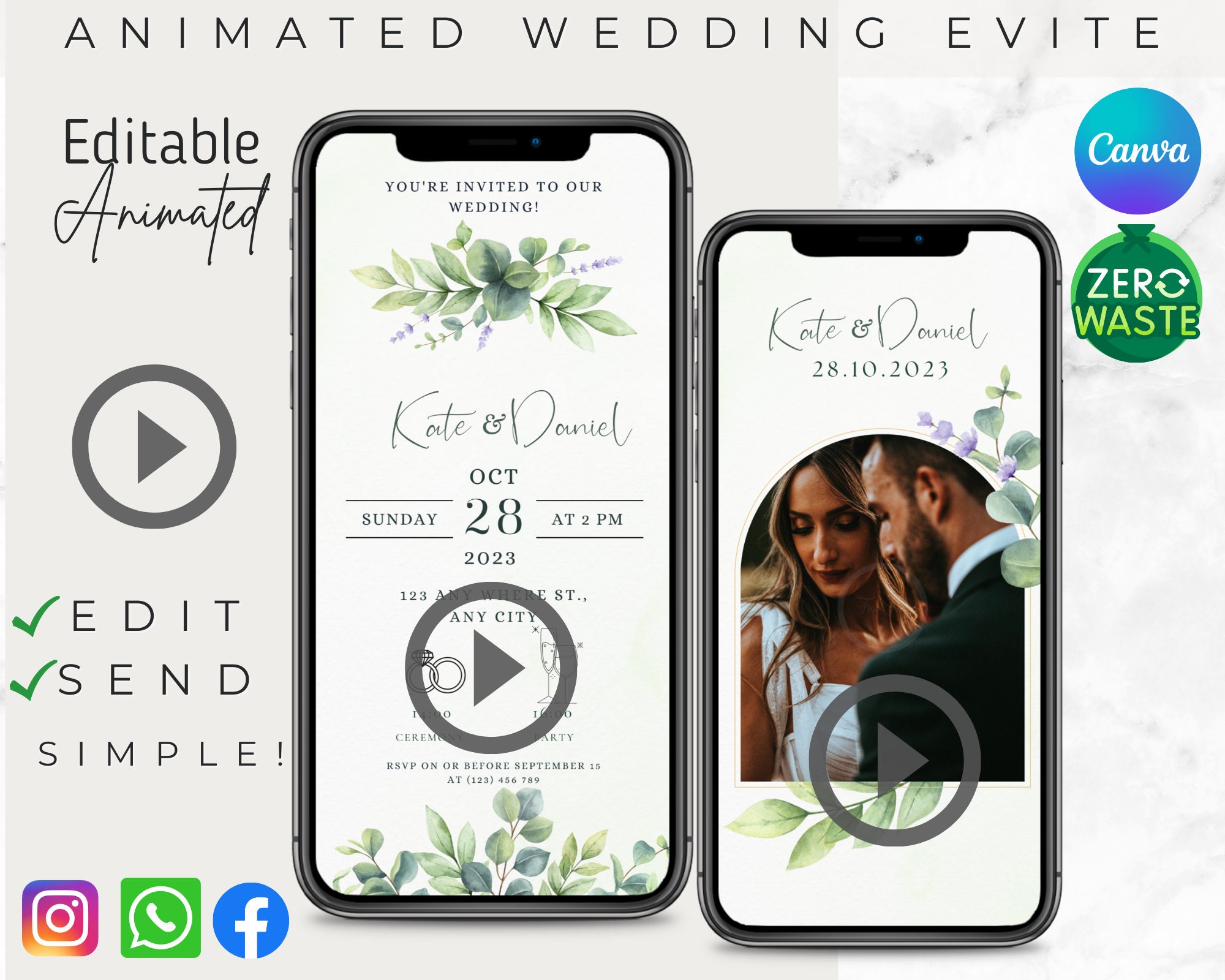 MINT Animated Editable Greenery Wedding Invitation Video Instant ...