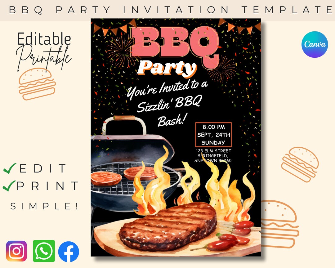 BBQ Party Invitation Template, Printable Barbecue Birthday Invite, BBQ ...