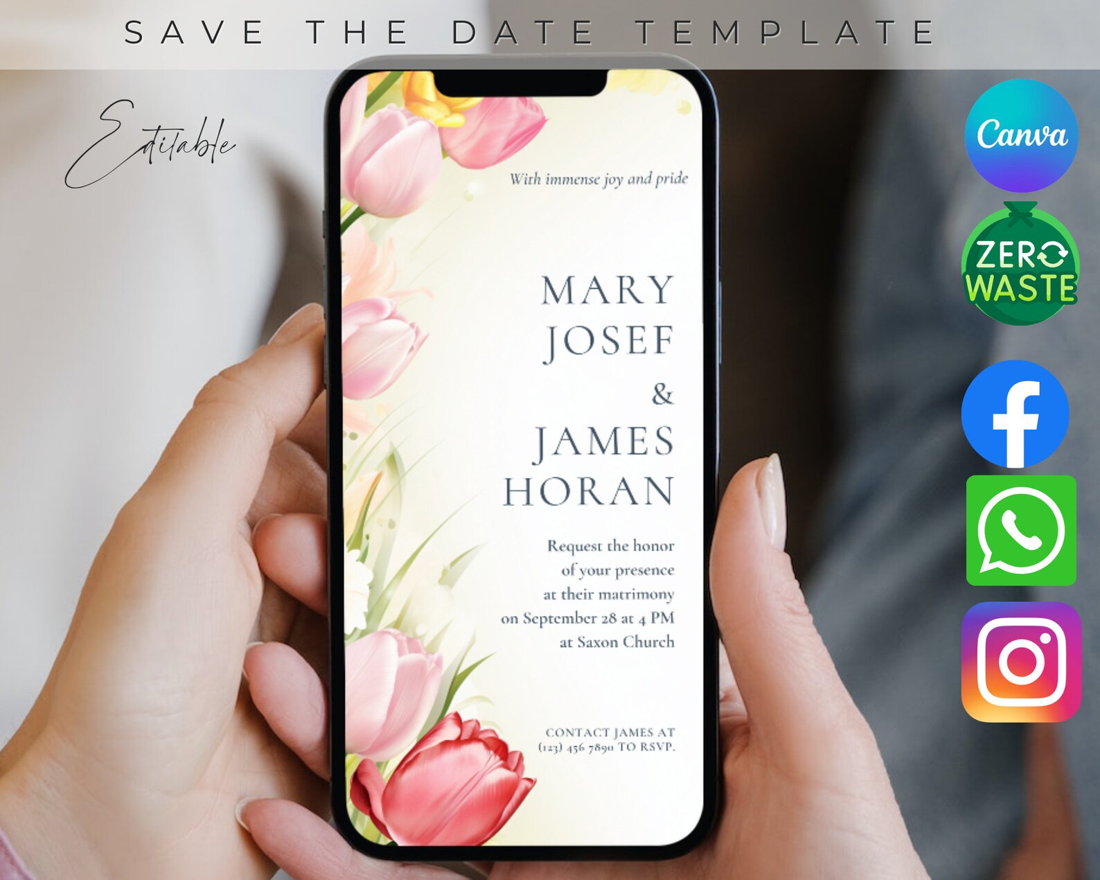 MARY Elegant Editable Flowers Wedding Invitation Instant Download ...