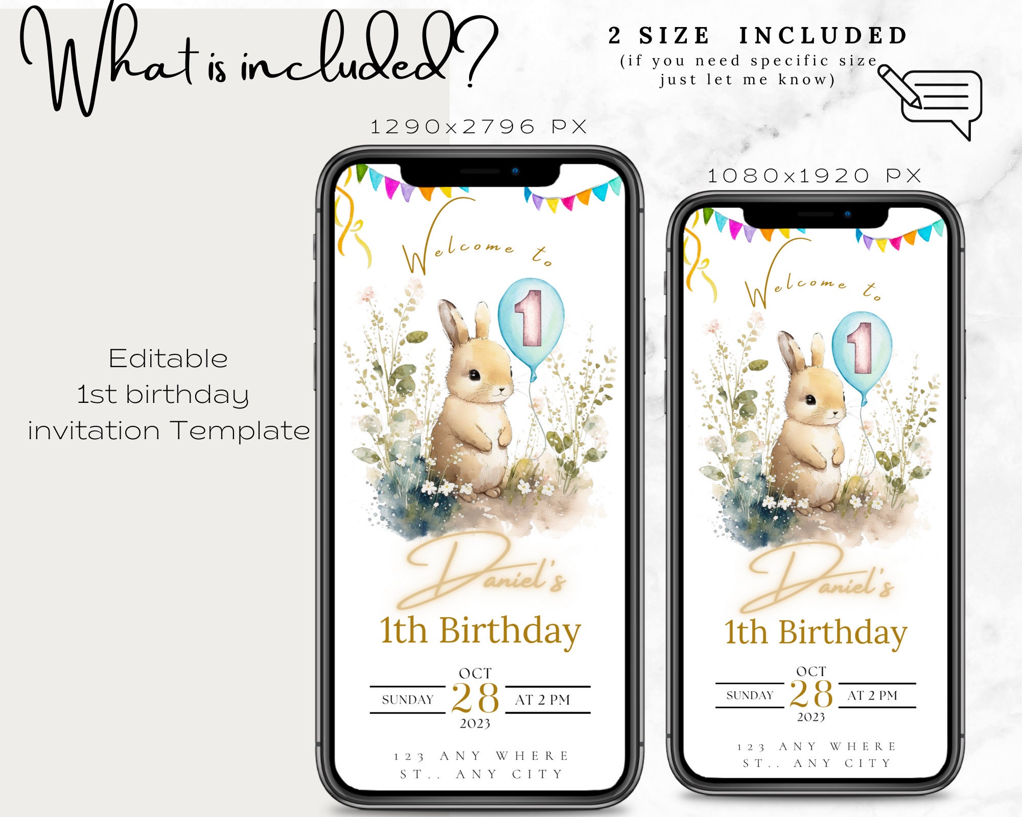 DANIEL Rabbit First Birthday DIGITAL Invitation, Editable Invite ...