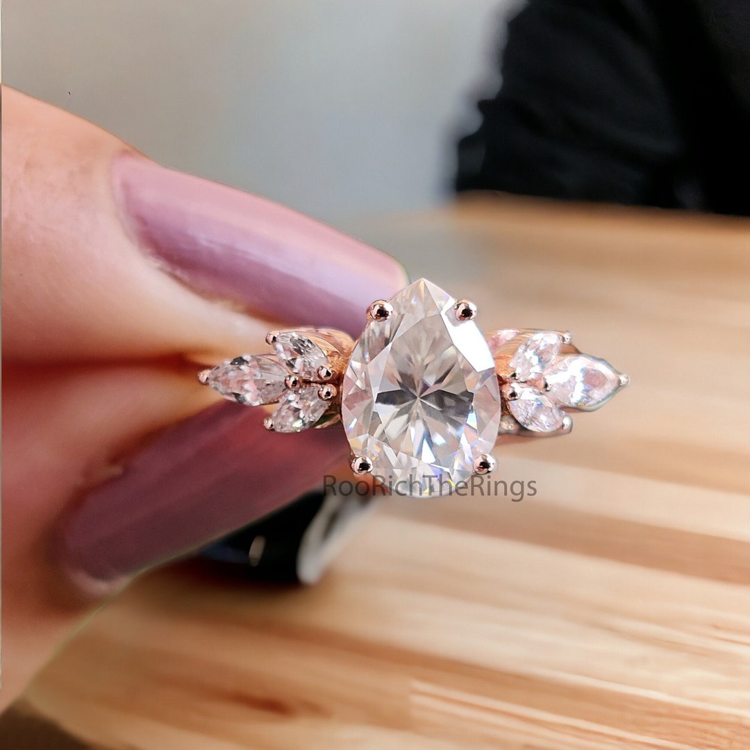 Pear Shaped Moissanite Engagement Ring 1.80 CTW Vintage Unique Solid ...