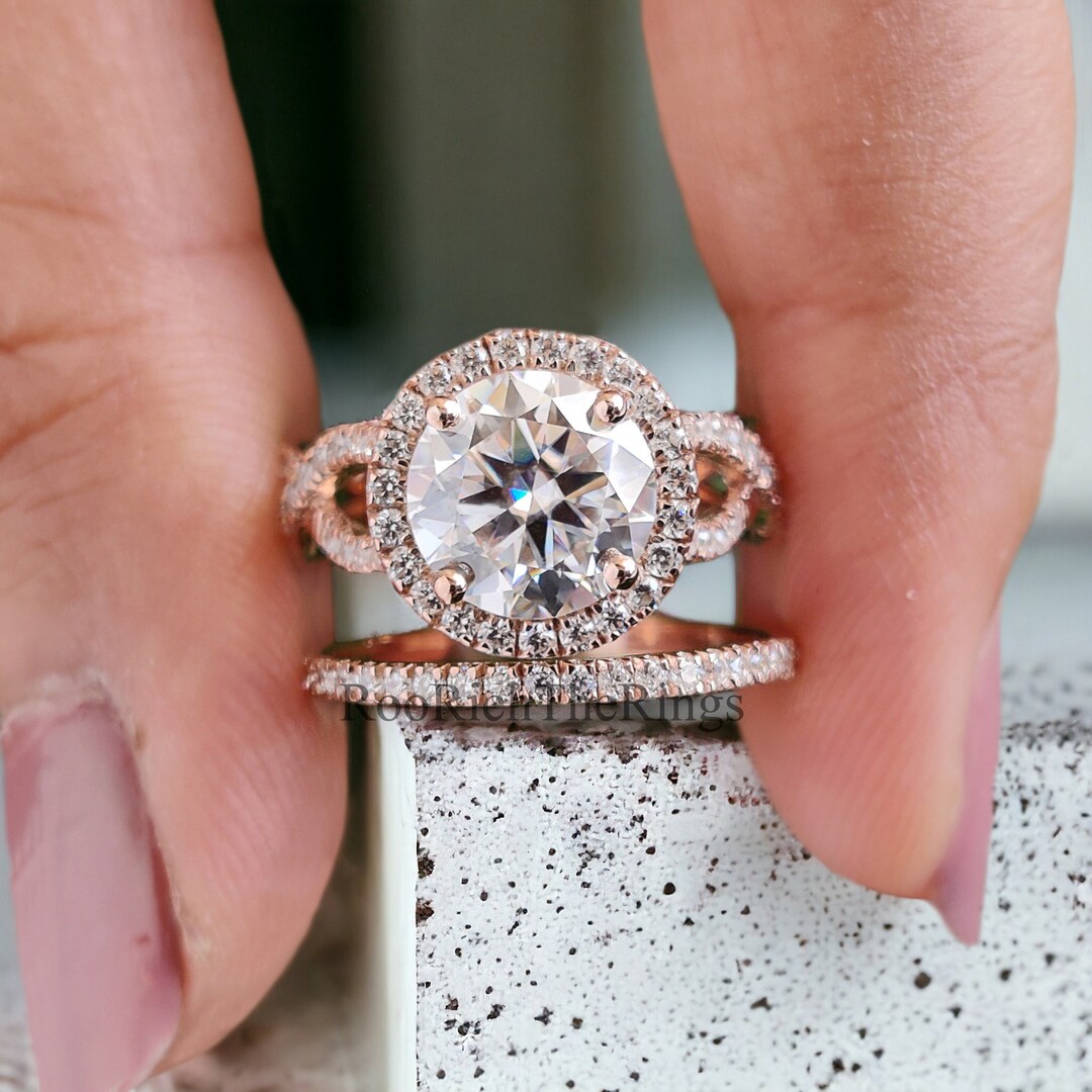 Round Cut Engagement Ring Set 14k/18k Rose Gold Round Cut Bridal Set ...