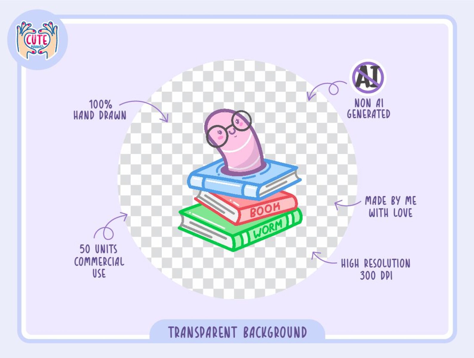 Bookworm PNG | Cute Reading Sticker | Kawaii Digital Download for Book ...