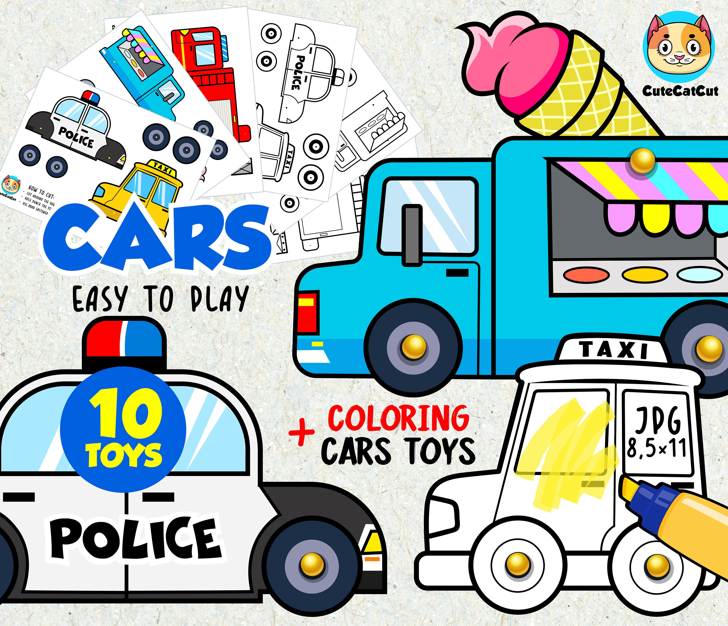 Cars Paper Toy Printable, Printable Articulated Paper Cars, Transport ...