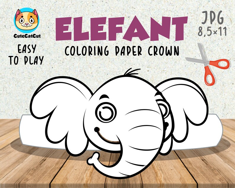Elefant Paper Crown Coloring Printable for Kids, Elefant Hat Fun Kids ...