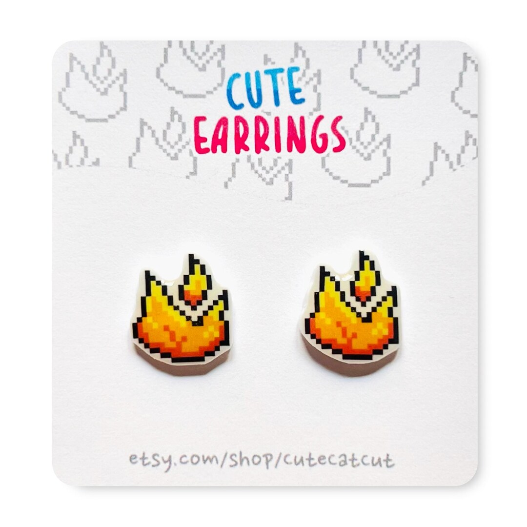 Pixel Fire Earrings, Pixelated Stud Earrings, Cute Stud Earrings, Geeky ...