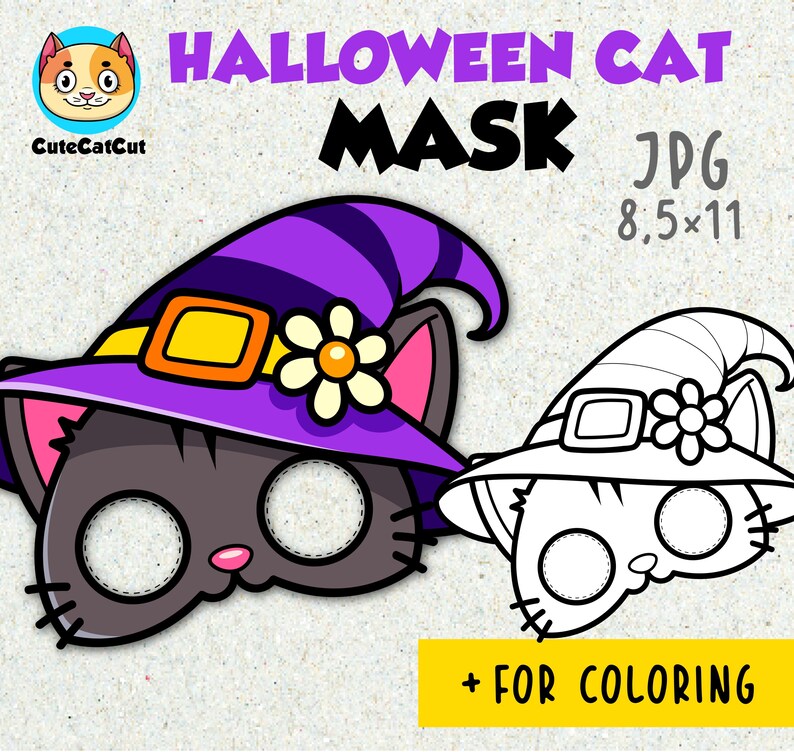 Witch Cat Paper Mask Printable for Kids, Black Cat Paper Mask, Perfect ...