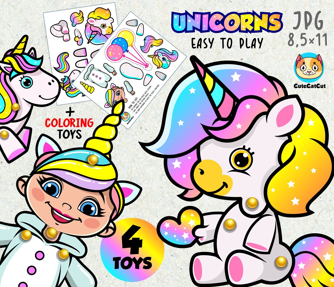 Unicorns Paper Toys Printable, Unicorn Printable Articulated Paper Doll ...