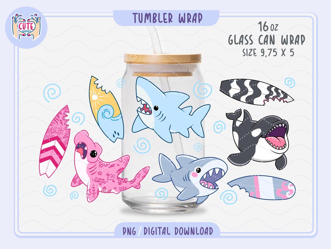 Sharks Libbey Glass Can Wrap Png, Surfing Cup Wrap, Birthday Glass Can ...