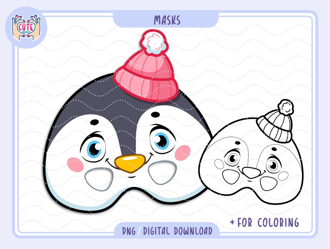 Christmas Penguin Mask Printable, Kids Coloring Activity (digital ...