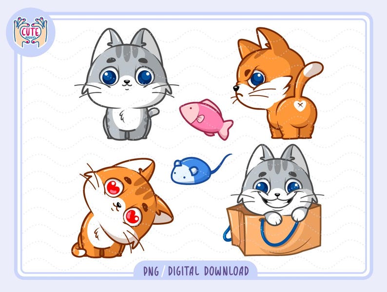 Cute Cats Clipart Png, Funny Kitty Bundle, Kawaii Cats Instant Download ...