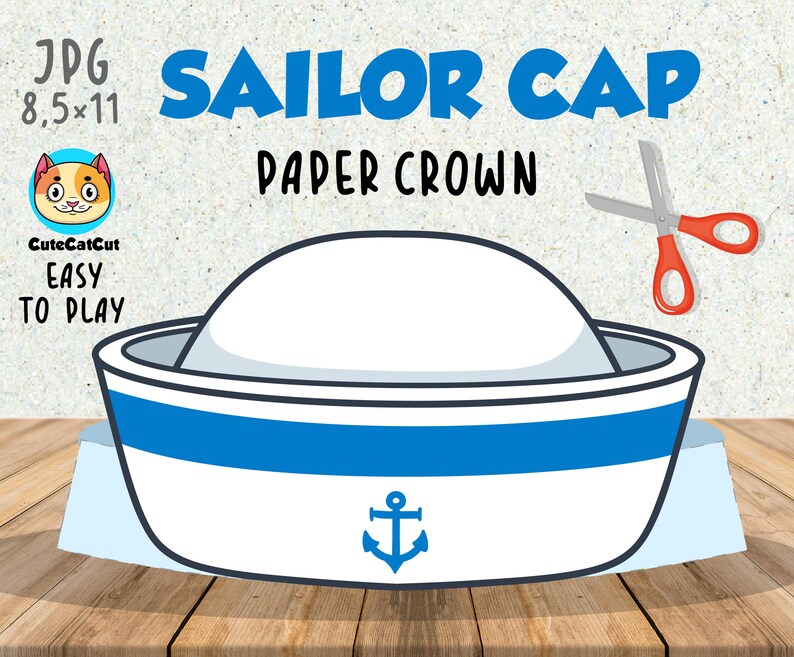 Sailor Cap Paper Crown Printable for Kids, Sailor Cap Hat Fun Kids ...