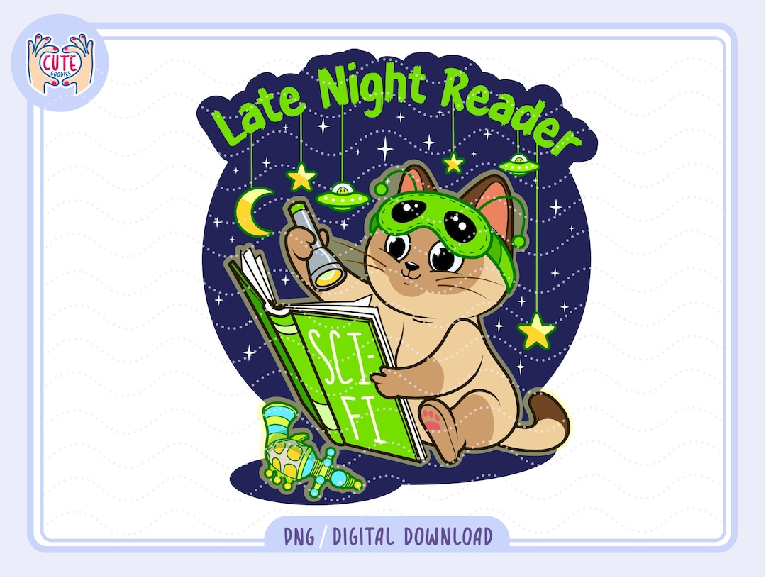 Late Night Reader Sci-fi Club PNG, Book Club PNG, Cute Reading Cat ...
