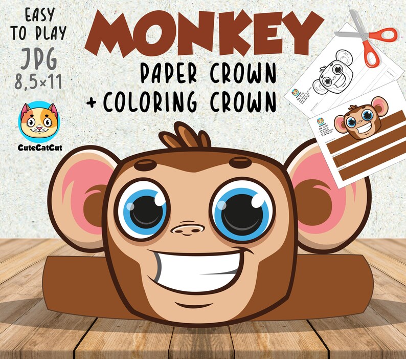Monkey Paper Crown Printable for Kids, Monkey Hat Fun Kids Craft ...