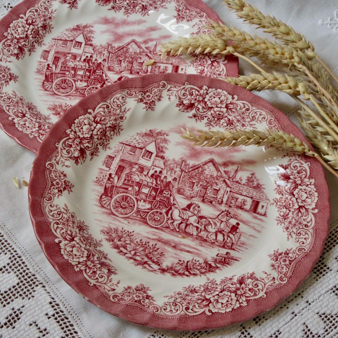 Pair of Vintage Barratts Coaching Scene Plates, Red Transferware From ...
