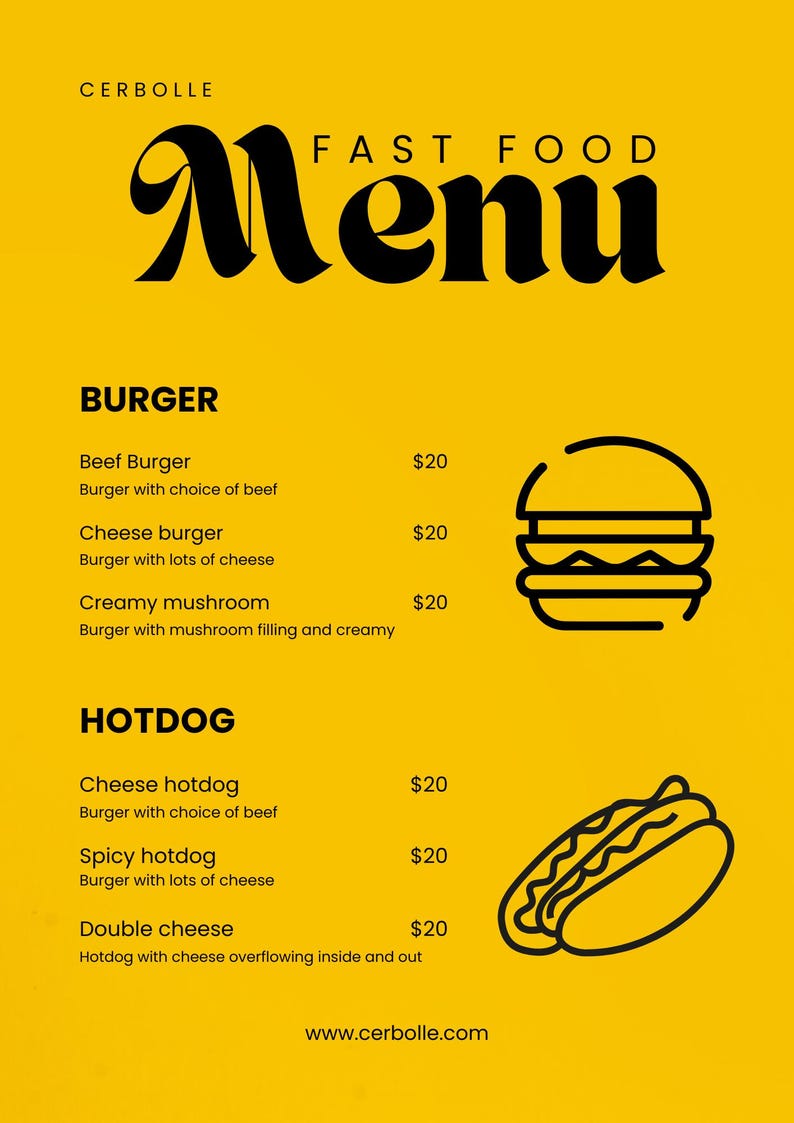 Yellow Black Illustration Fast Food Menu, Editable Burger Joint ...