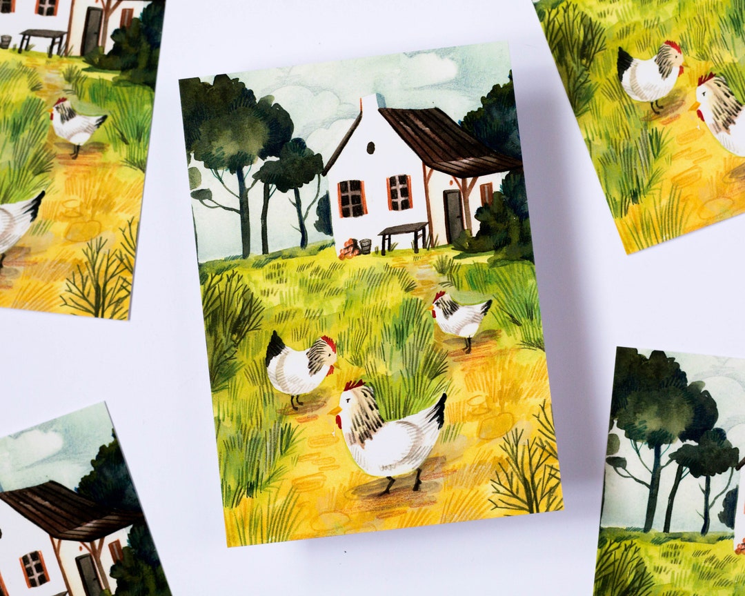 Postcard Chickens at a Farmhouse | A6 Post Card, Mini Art Print ...