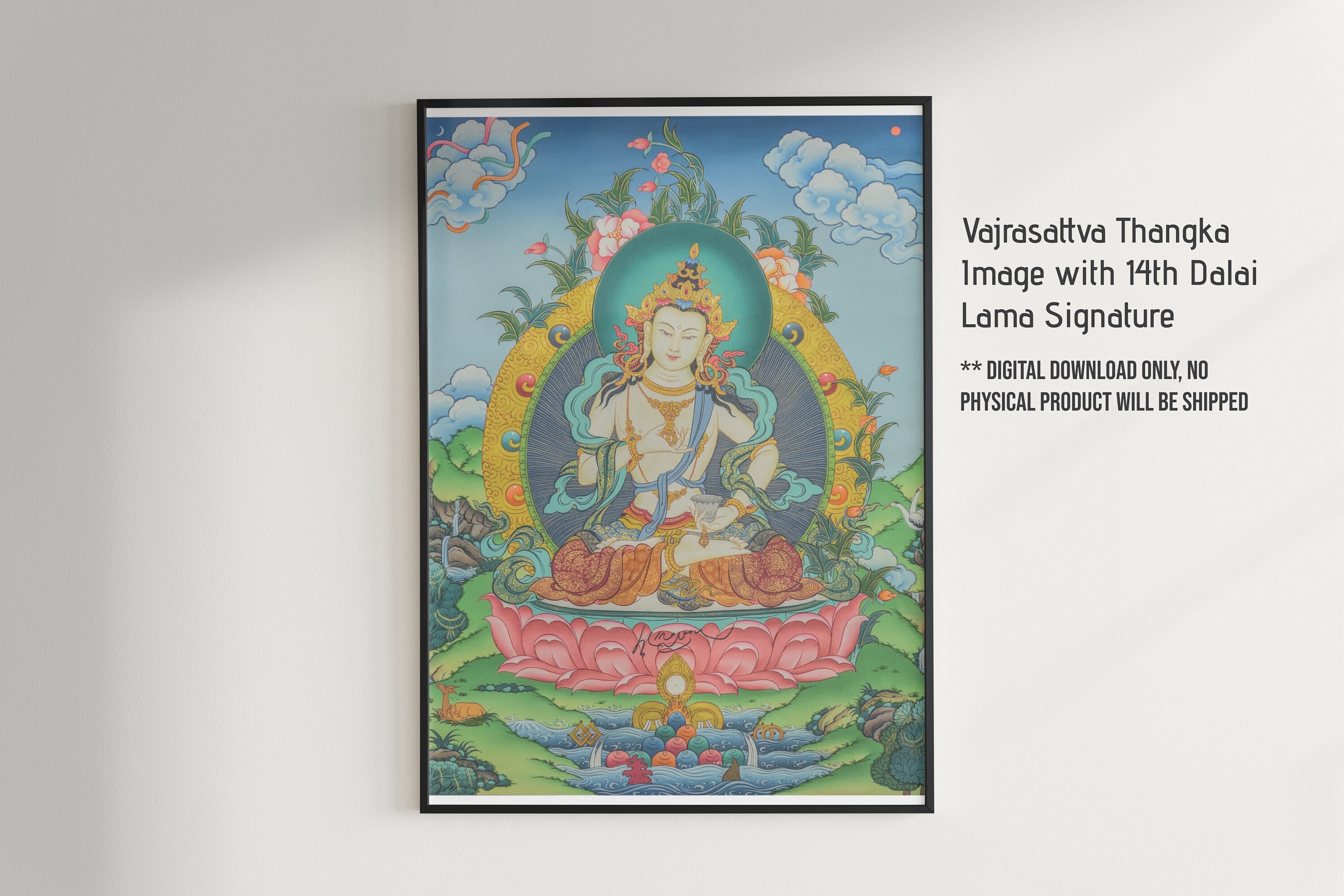 Vajrasattva Thangka Image With 14th Dalai Lama Signature on the Lotus ...