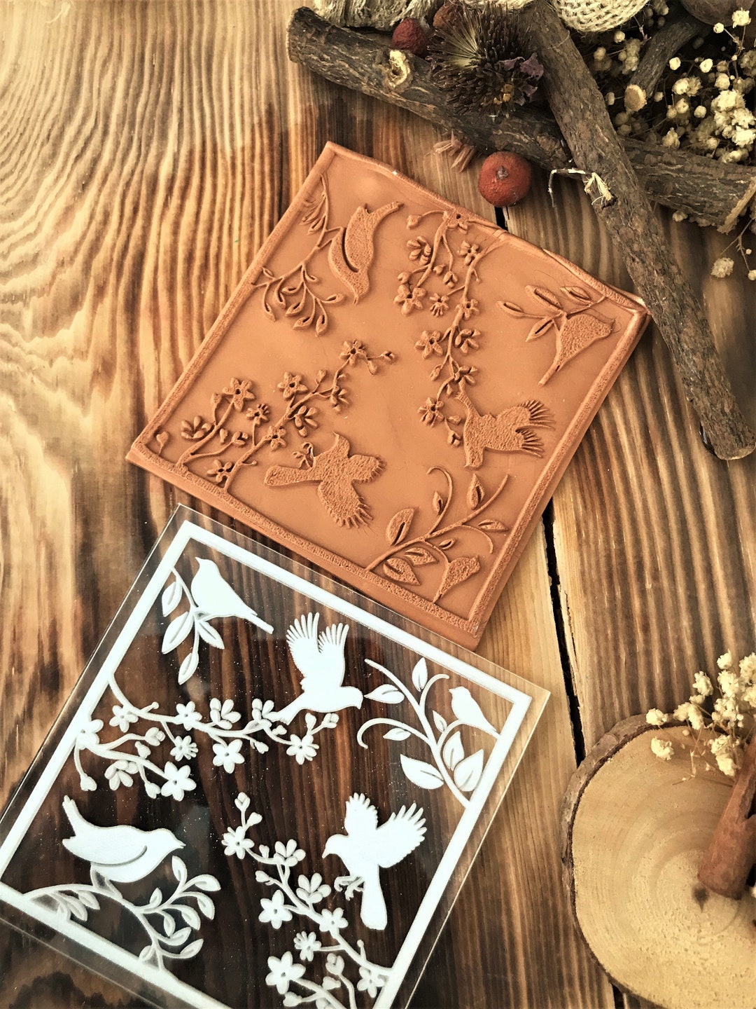 Bird Floral Texture Mat, Debossing Stamp, Acrylic Clay Tool, Polymer ...