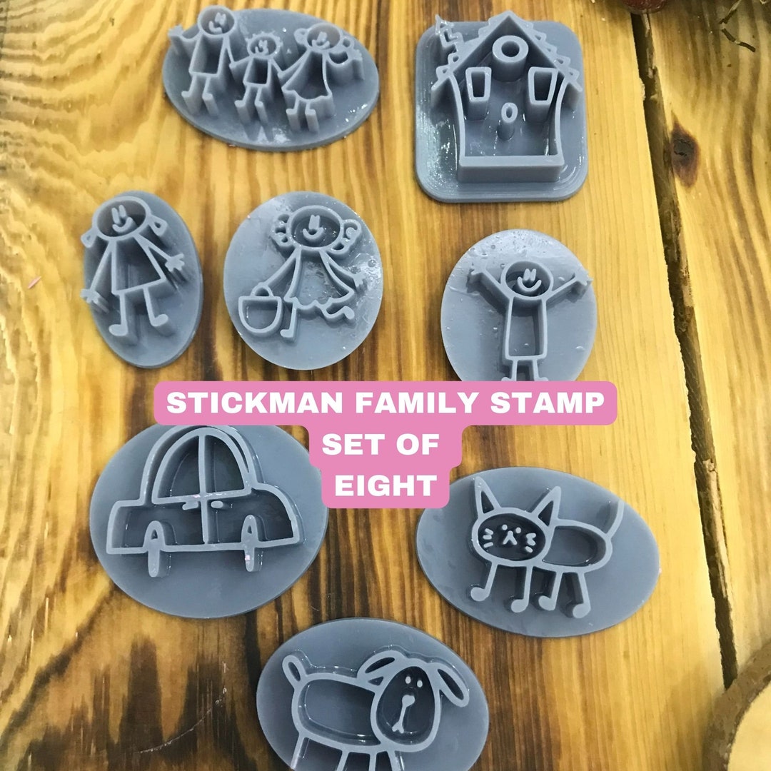 Stickman Family Polymer Clay, Clay, Soap, Cookie Stamp Eight in One Set ...