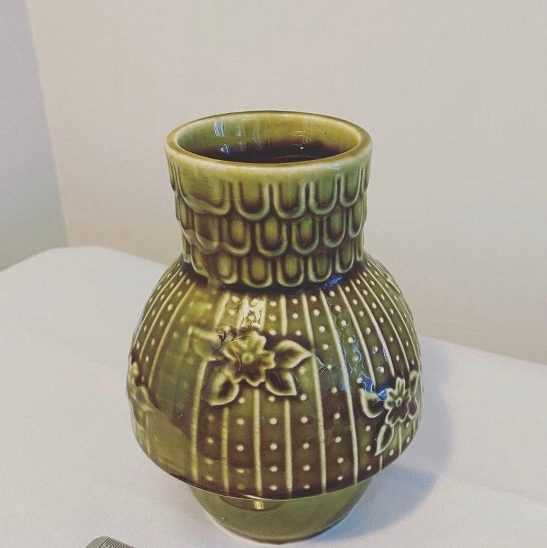 Mid Century Olive Green Ceramic Bud Vase With Intricate Dots - Etsy