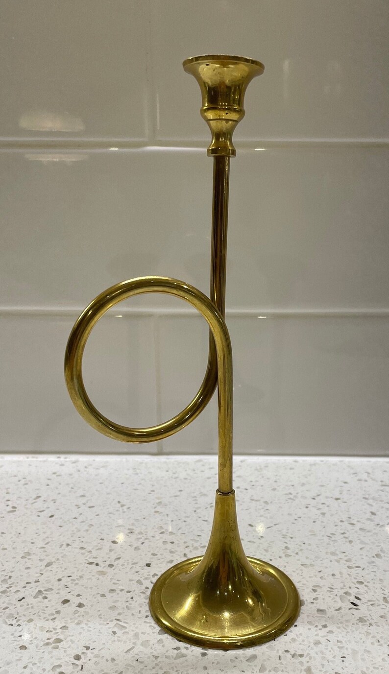 Vintage Brass Trumpet Horn Candle Holder, Holiday Christmas Decor, 8 1/ ...