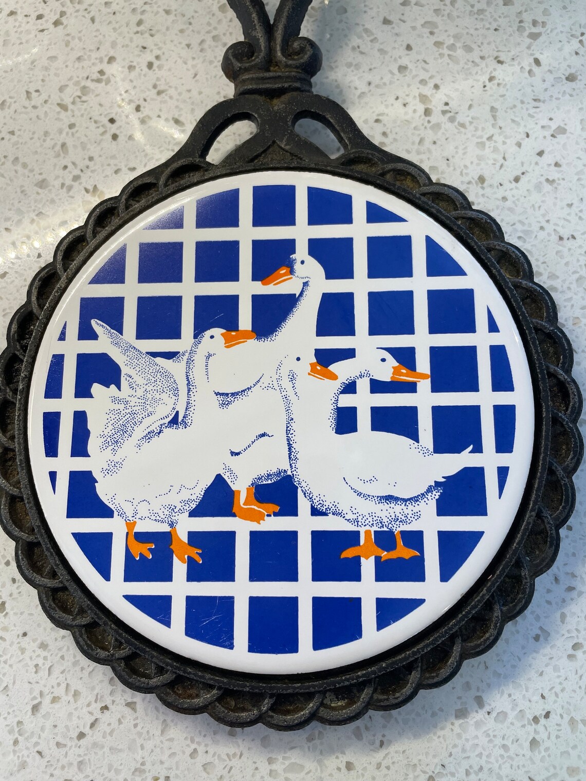 Vintage Cast Iron and Ceramic Goose Trivet, Four Geese Blue and White ...