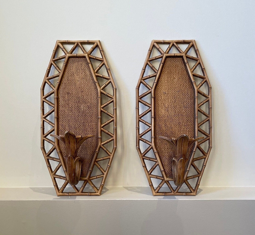 Vintage Syroco Dart Industries Wall Sconces With Coppercraft Guild Sticker, Wicker and Bamboo ...
