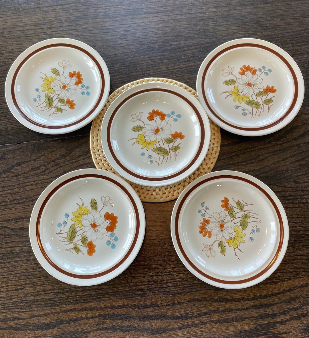 Vintage Four Seasons 'early Summer' Plates – Set of 5 Stoneware Daisy ...