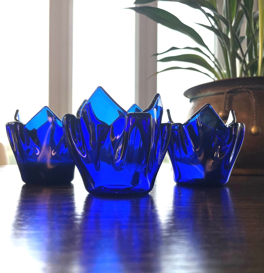 Cobalt Blue Partylite Folded Glass Votive Tea Light Holder, Blue Glass ...