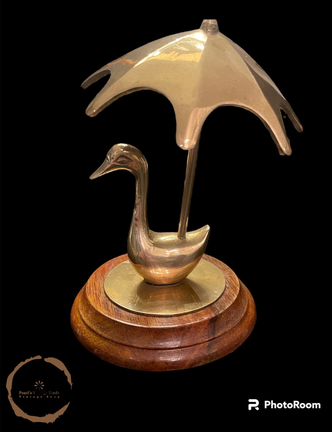 Vintage Brass Goose Duck With Umbrella Brass and Wood Stand - Etsy