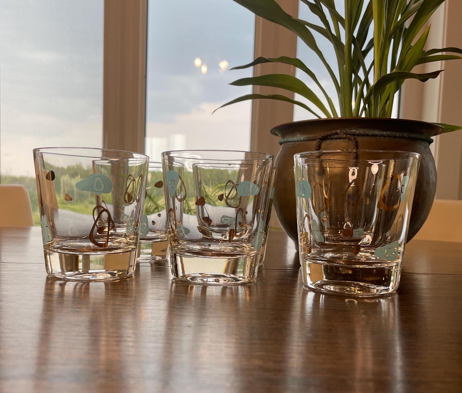 MCM Atomic Amoeba Lowball Tumblers With Turquoise Blue and Gold ...