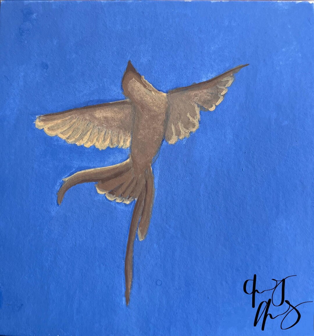 Brown Bird Flying Across a Blue Sky Gouache Painting (digital Download ...