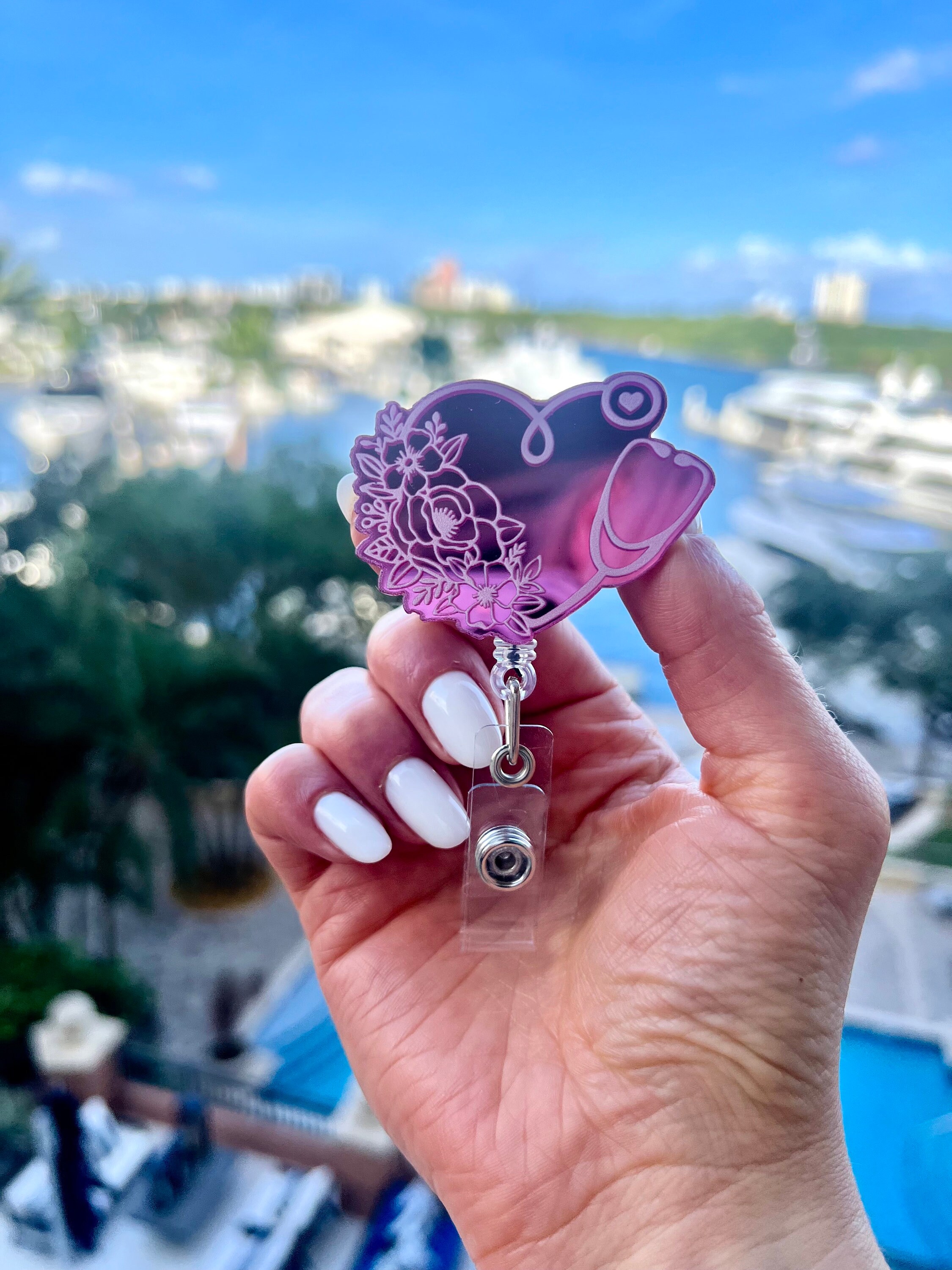 Reflective Pink Flower Anatomy Badge Reel, Nurse Badge Holder ...