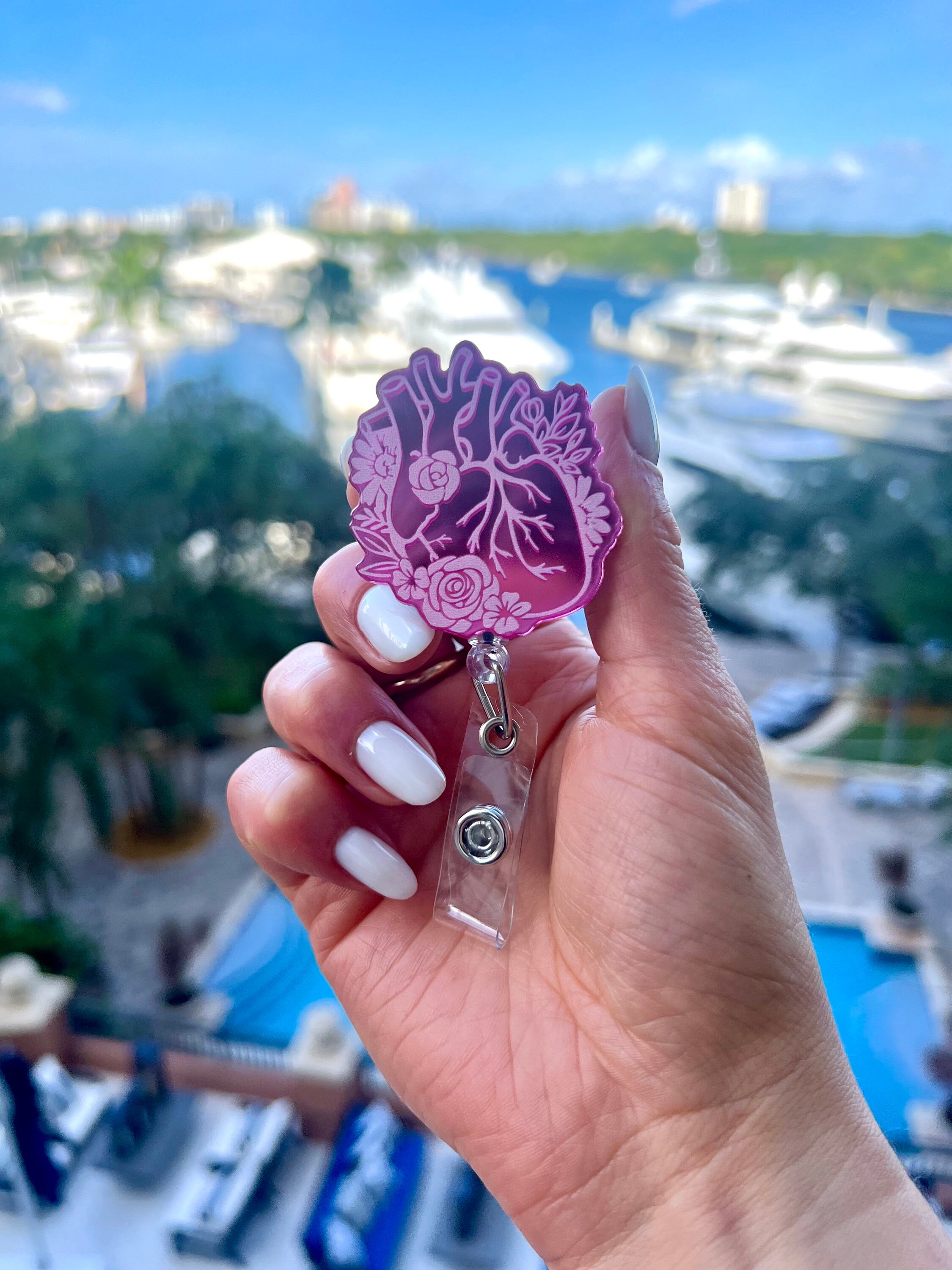 Reflective Pink Flower Anatomy Badge Reel, Nurse Badge Holder ...