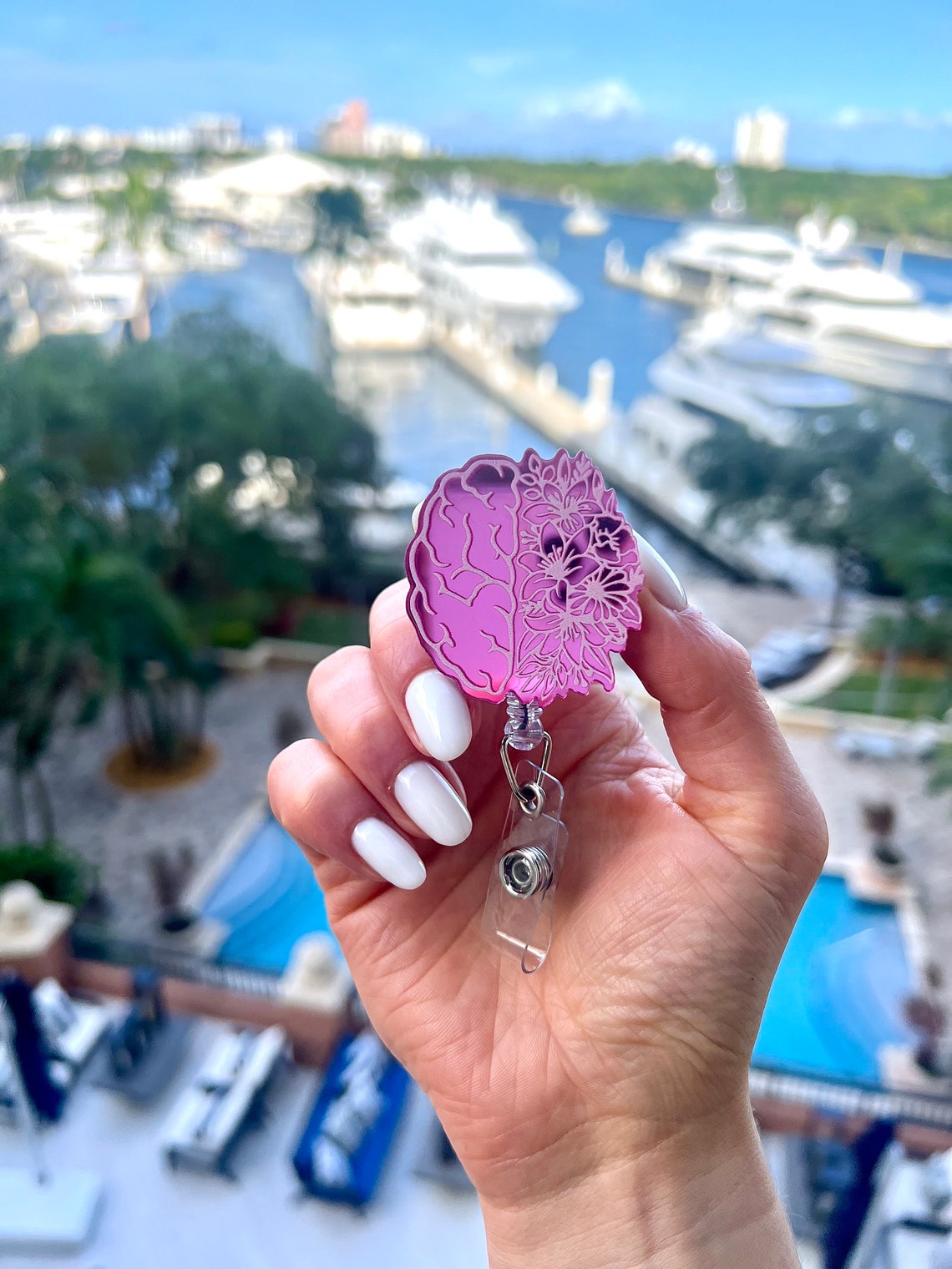 Reflective Pink Flower Anatomy Badge Reel, Nurse Badge Holder ...