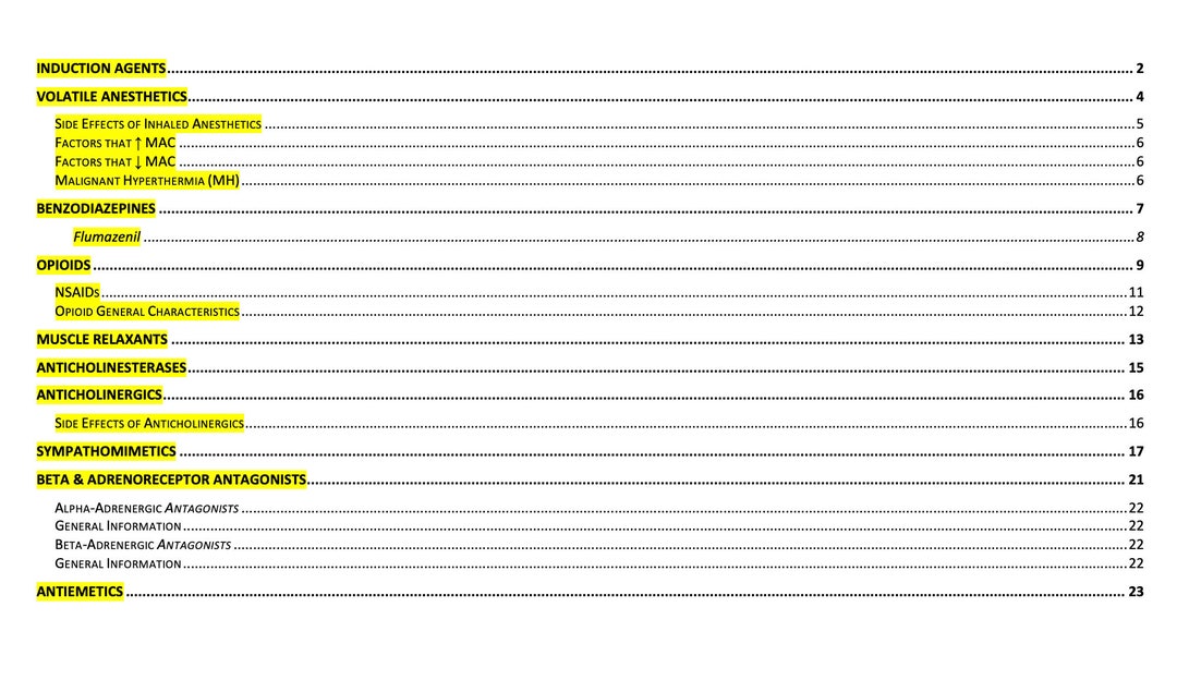 Pharmacology 1 Anesthesia Drug Table Volatile Anesthetics, Induction ...