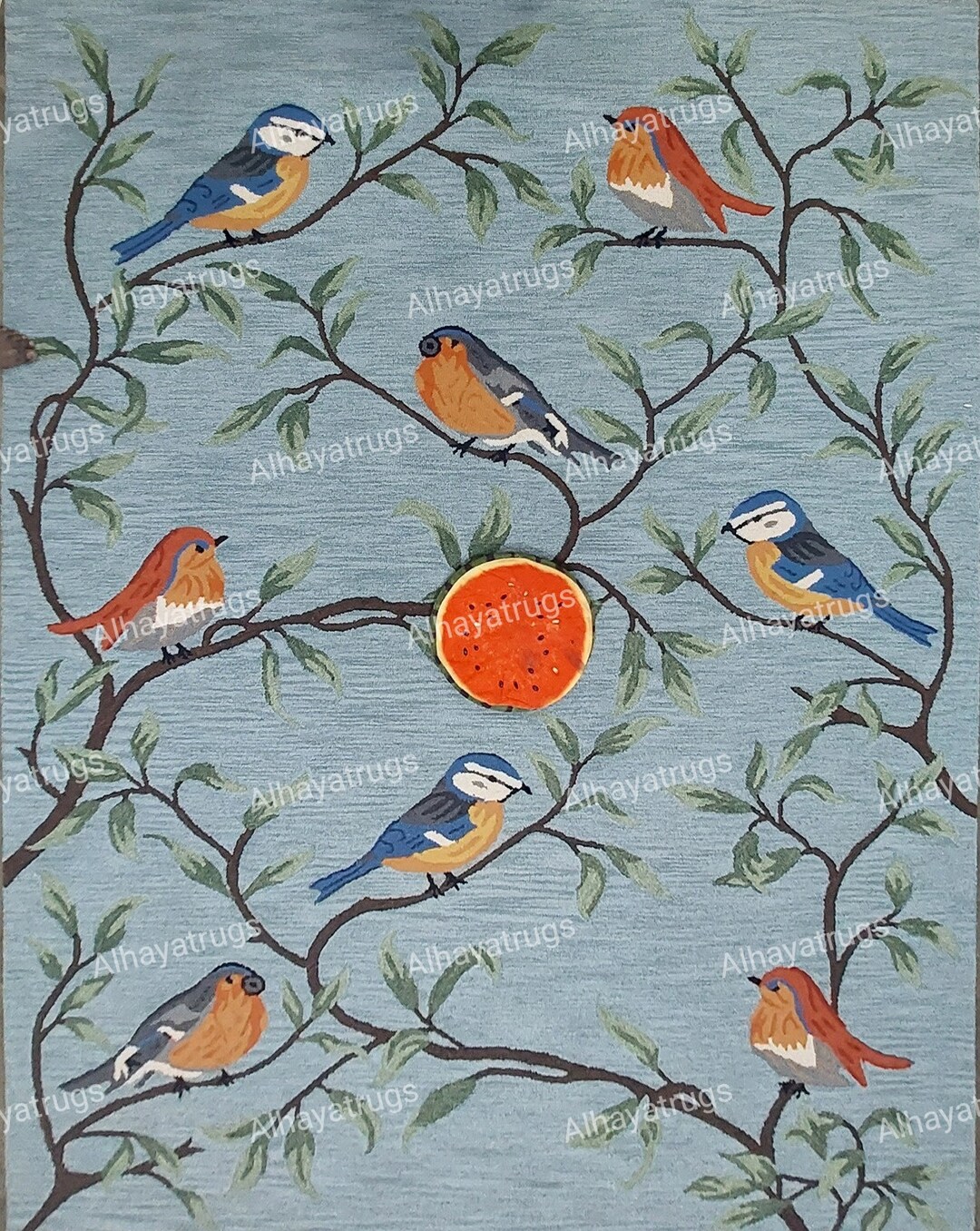 8x10 Low Pile Bird Area Rug Hand Tufted Blue Floral Rug Colorful Bird ...