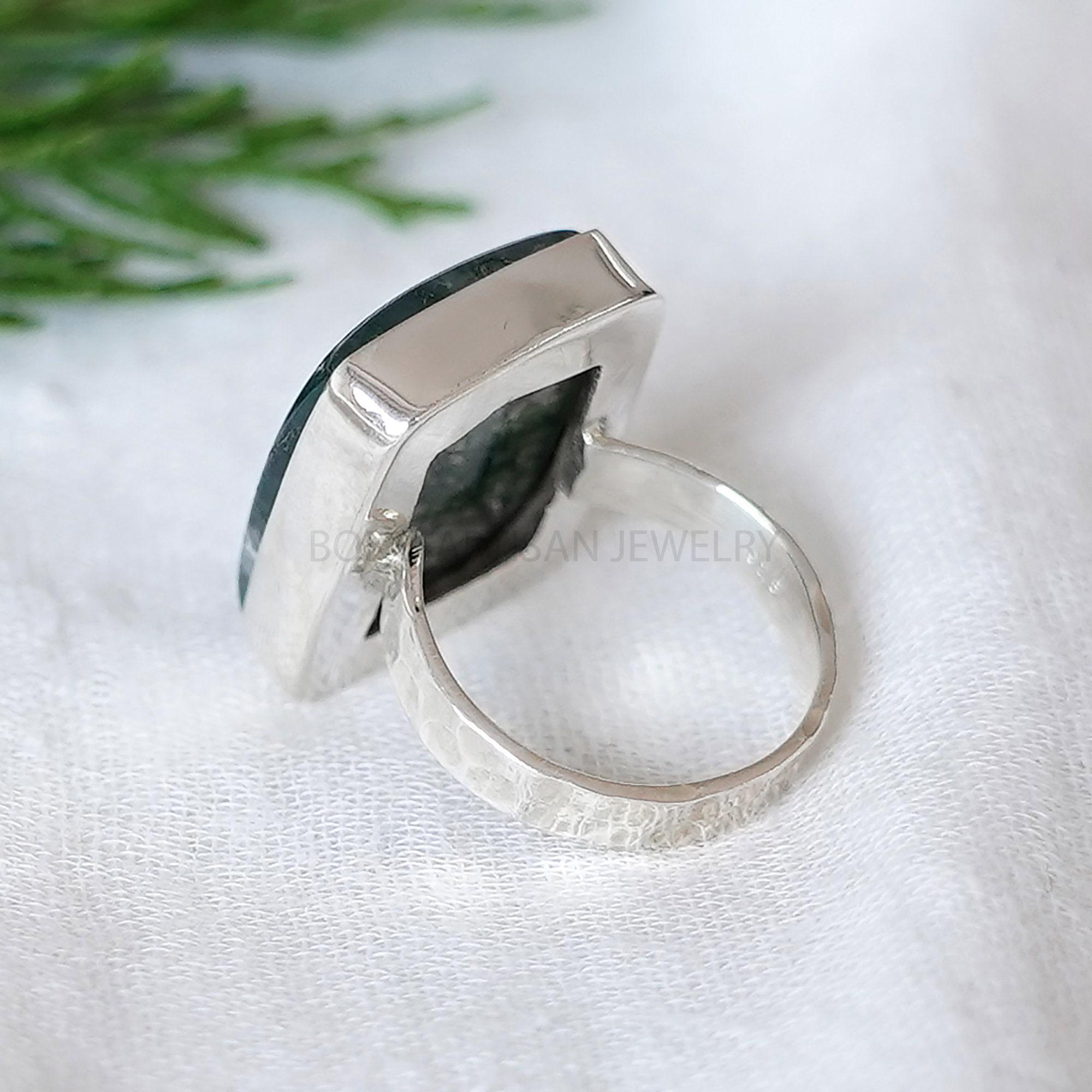 HAMMERED - Moss Agate Ring, Large Rectangle Ring, Natural Stone Ring ...
