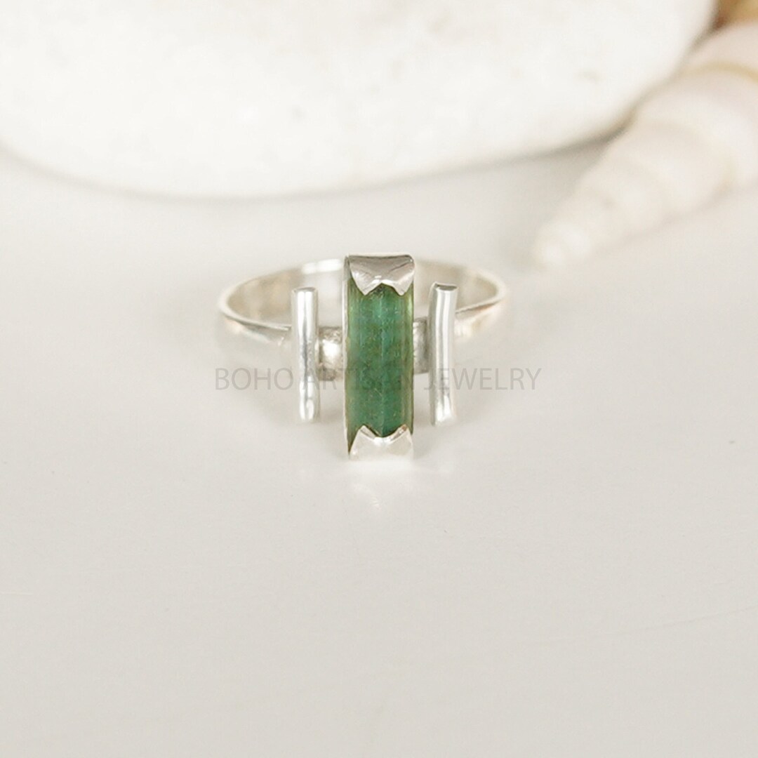 Raw Green Tourmaline Three Bar Ring, Gemstone Ring, Green Stackable ...