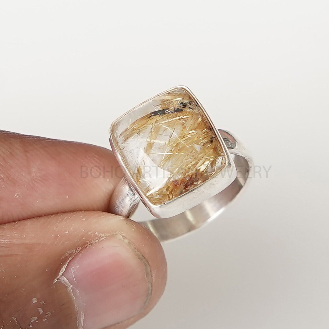 Golden Rutile Quartz Ring, Natural Square Cut Rutile Ring, Rutilated ...