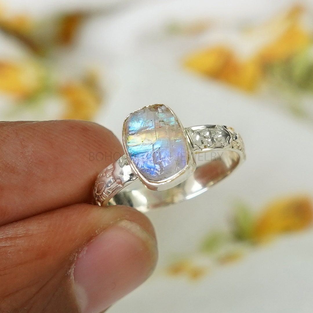 Raw Moonstone Ring, FLORAL Texture Band, Blue Moonstone Crystal ...