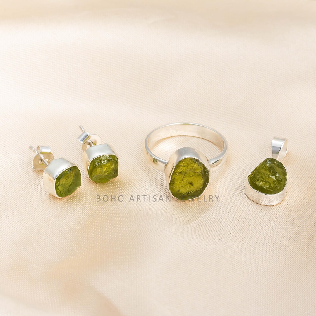 Raw Peridot Jewelry, Set of Ring Pendant Earrings, Handmade Jewelry ...